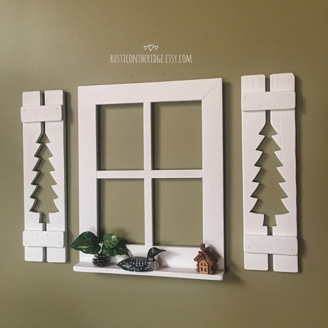 Rustic Faux Window With Pine Tree Shutters, Lodge Cabin Decor (23”x18 ...