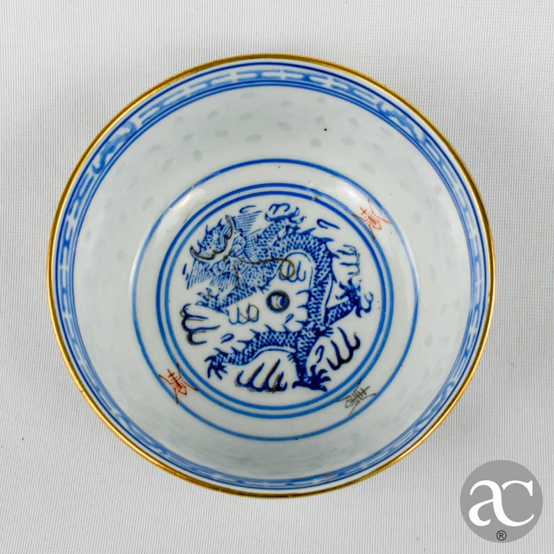 Chinese Rice Pattern Porcelain Bowl, Dragon Decoration – Circa 1970 - Etsy