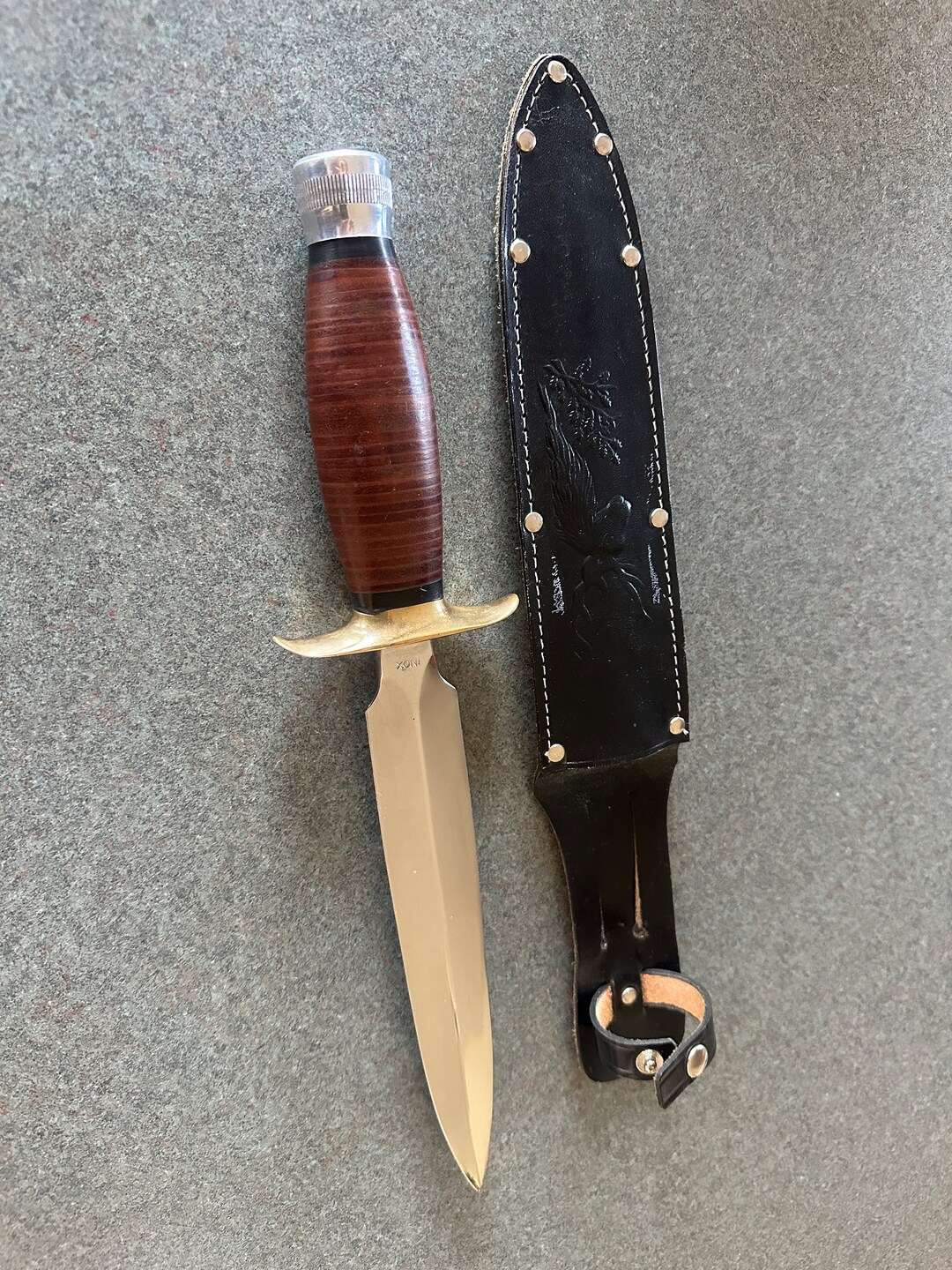 Vintage Italian Double Edged Commando Knife With Black Leather Sheath ...