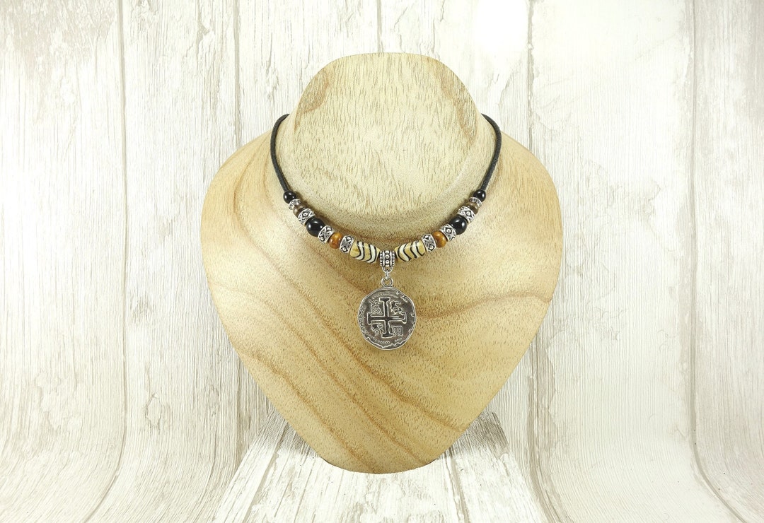 Old Spanish Coin Replica Leather Choker Cord Necklace. Tribal Ethnic ...