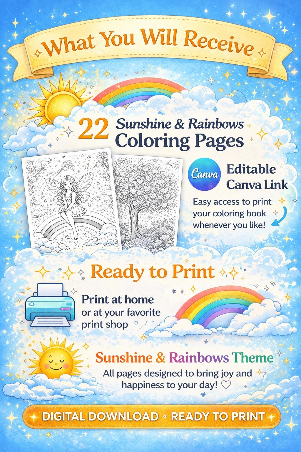 Sunshine and Rainbows Coloring Book, 22 Printable Pages, Coloring Pages ...