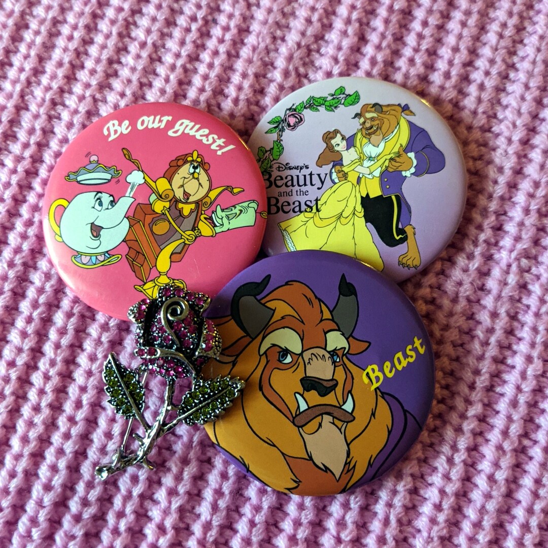 Vintage Beauty and the Beast Button and Rose Brooch Set - Etsy