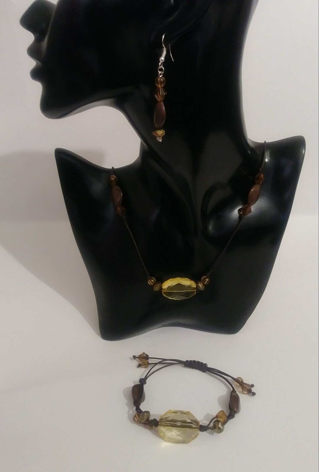 Brown Cord Necklace Set: Beaded Jewelry, Earrings & Bracelet - Etsy