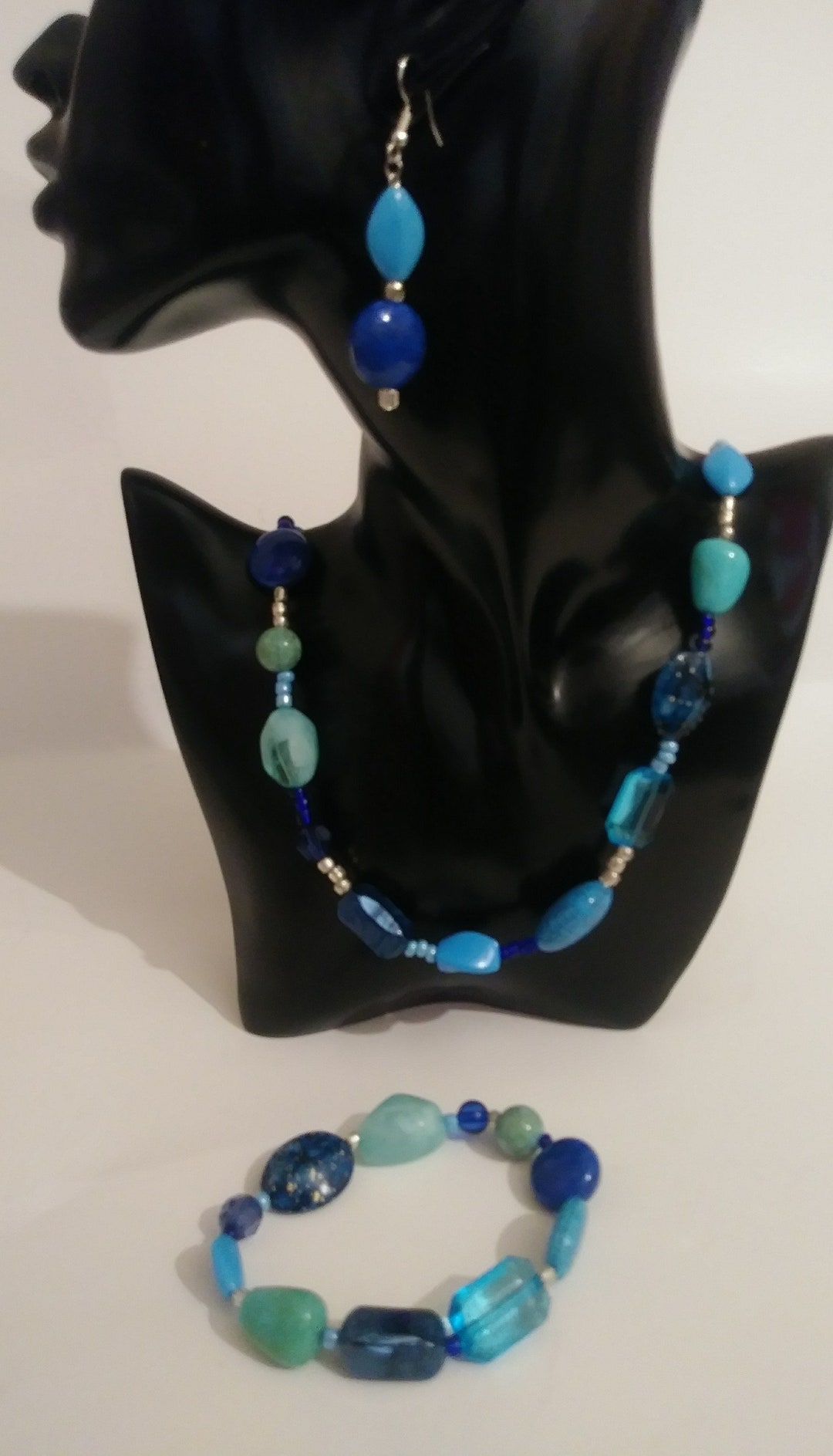 Ocean Blue Beaded Jewelry Set: Necklace, Bracelet & Earrings - Etsy