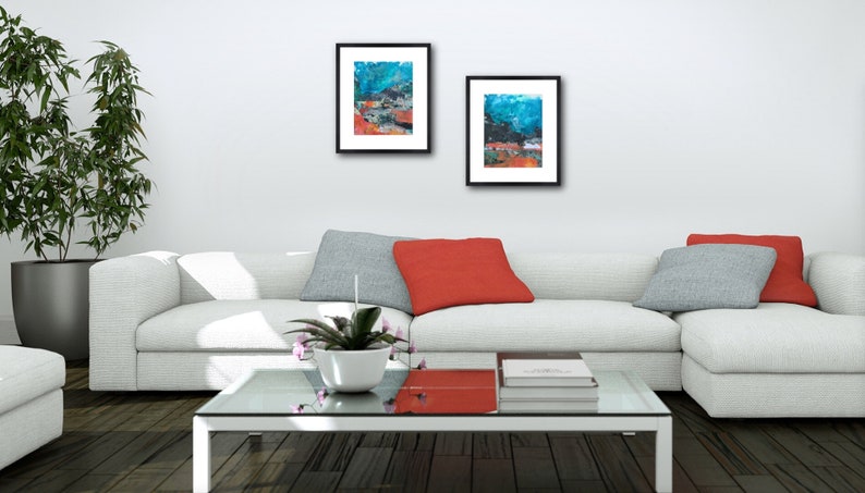 Paysage abstrait, montagne, océan, collage avec passe-partout, art, 7 x ...