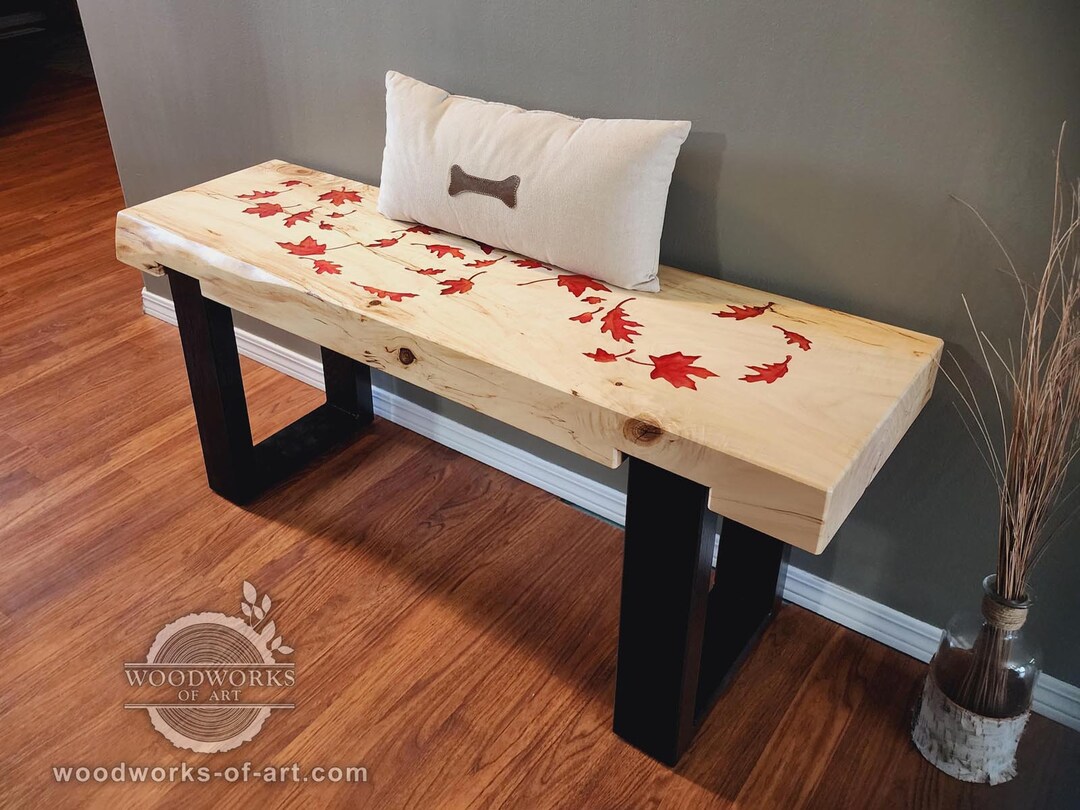 Live-edge Maple Bench With Carved, Hand Painted Epoxy Filled Leaves ...