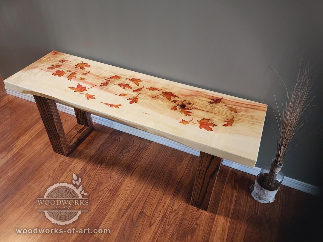 Live-edge Maple Bench With Carved, Hand Painted Epoxy Filled Leaves ...