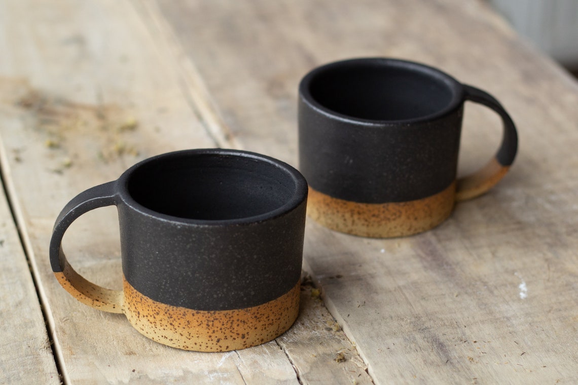 Black coffee mugs Set of 2 black handmade mugs Wheel | Etsy
