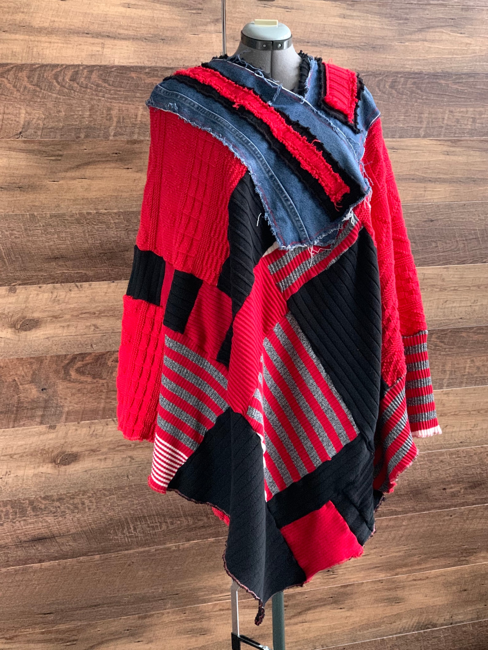 Plus Size Boho Goddess Poncho Upcycled Womens Refashion Red Black One ...