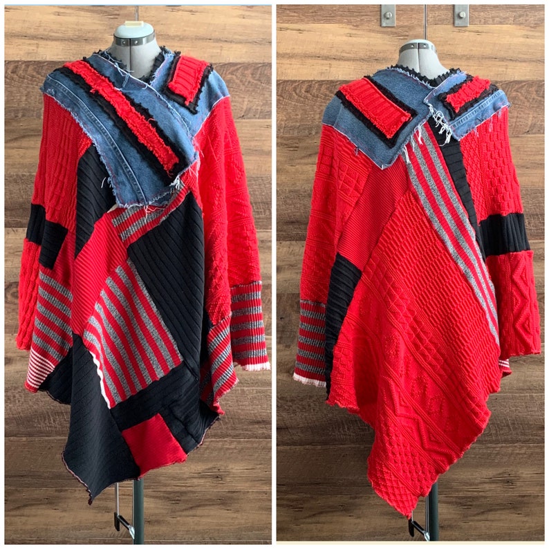 Plus Size Boho Goddess Poncho Upcycled Womens Refashion Red Black One ...