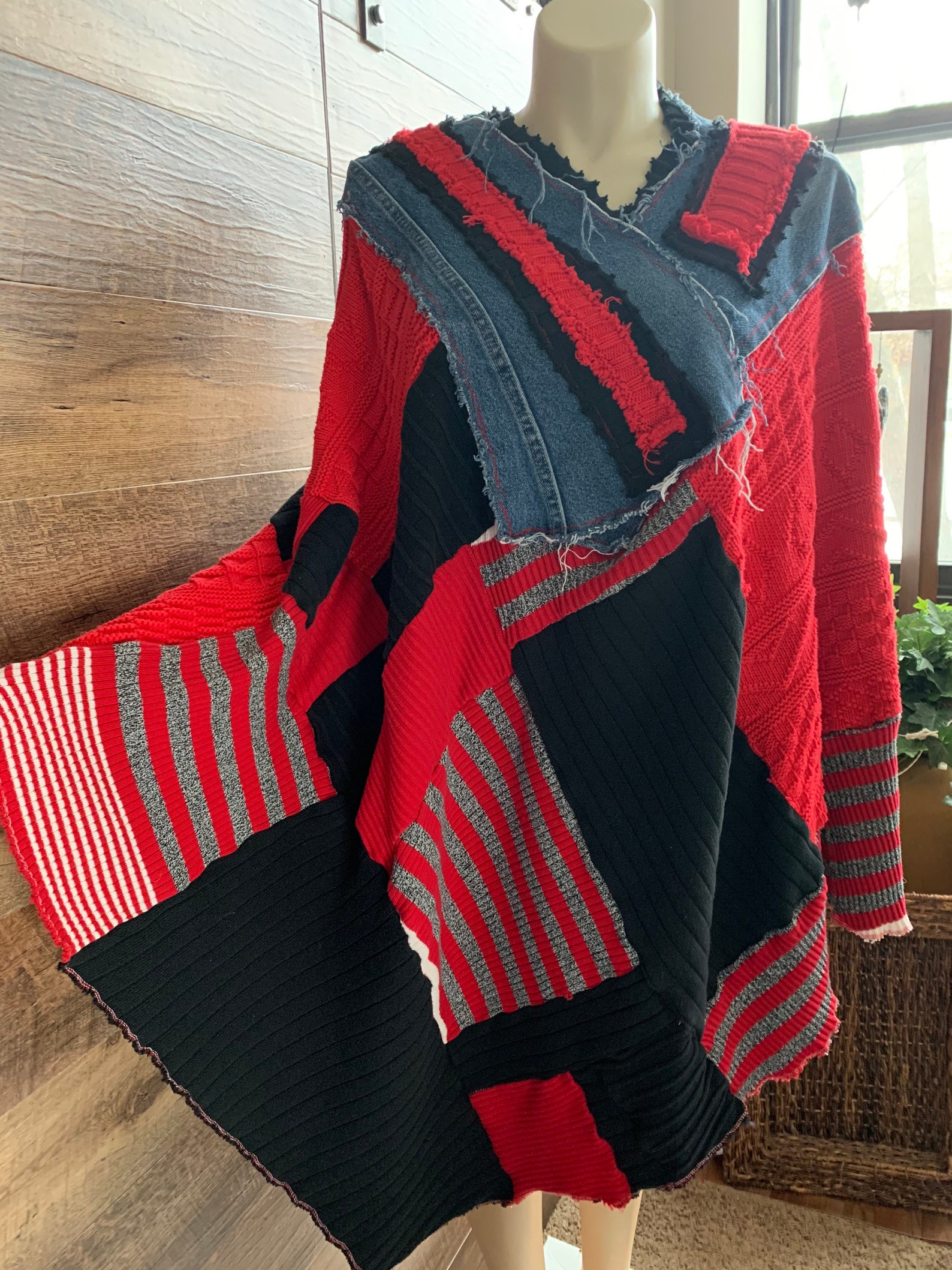Plus Size Boho Goddess Poncho Upcycled Womens Refashion Red Black One ...
