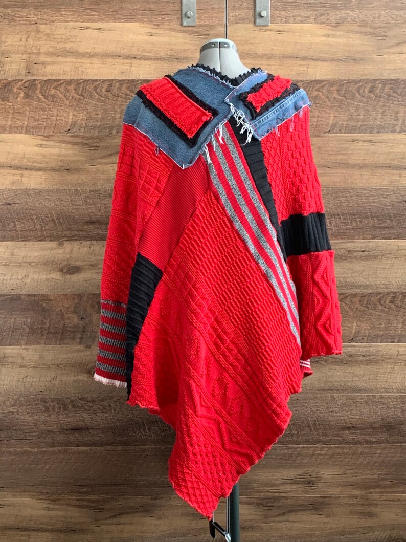 Plus Size Boho Goddess Poncho Upcycled Womens Refashion Red Black One ...