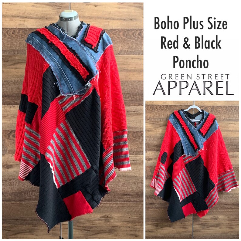 Plus Size Boho Goddess Poncho Upcycled Womens Refashion Red Black One ...