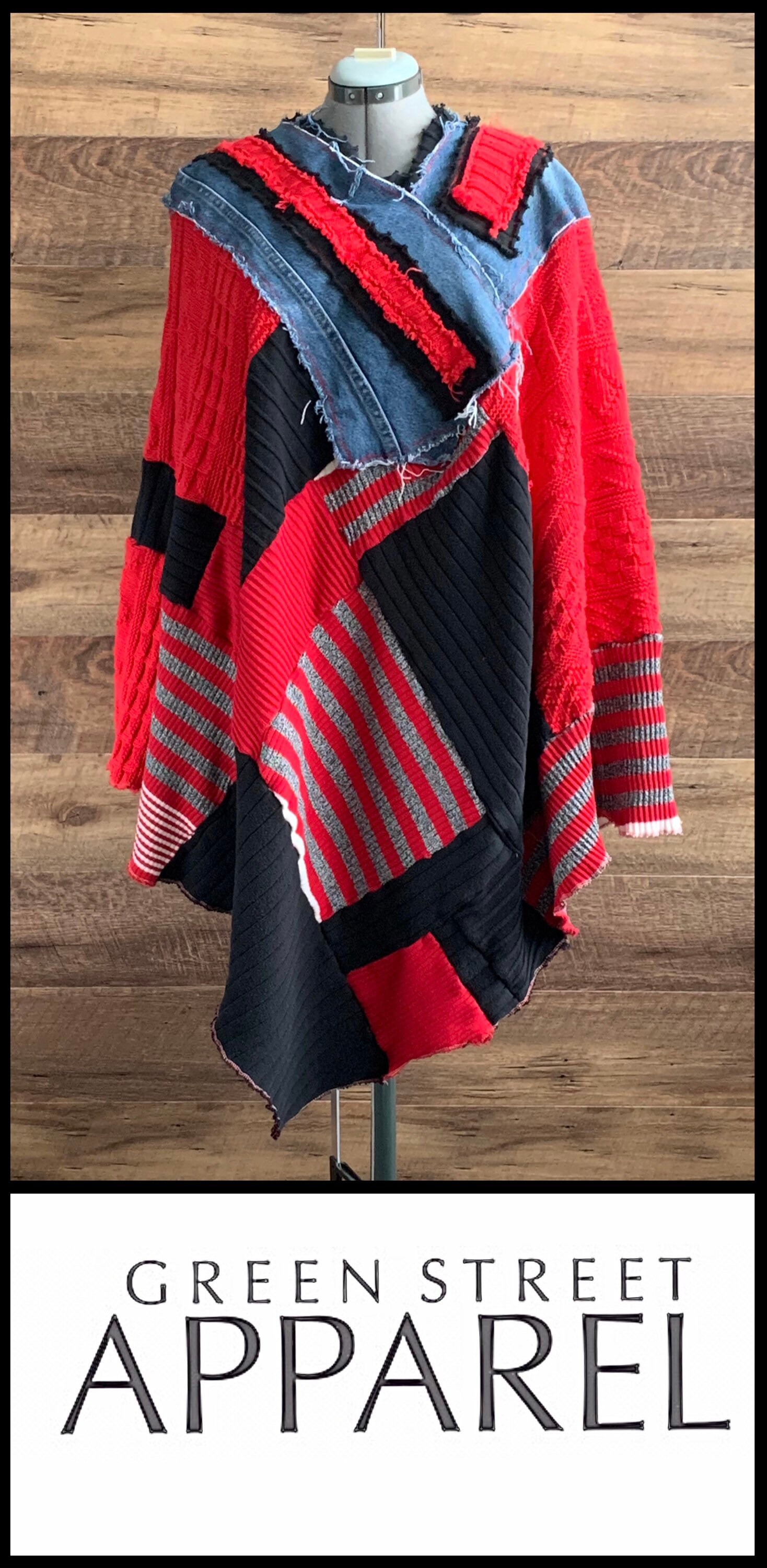 Plus Size Boho Goddess Poncho Upcycled Womens Refashion Red Black One ...