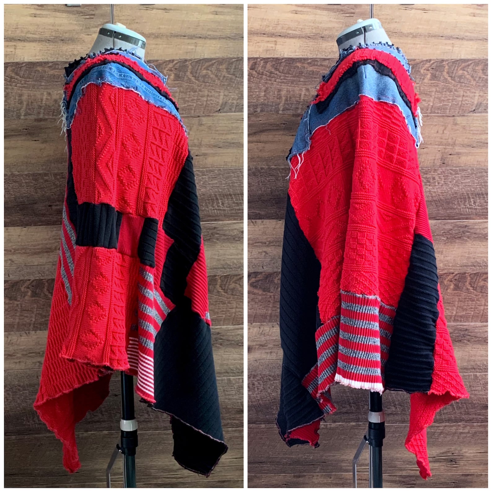 Plus Size Boho Goddess Poncho Upcycled Womens Refashion Red Black One ...