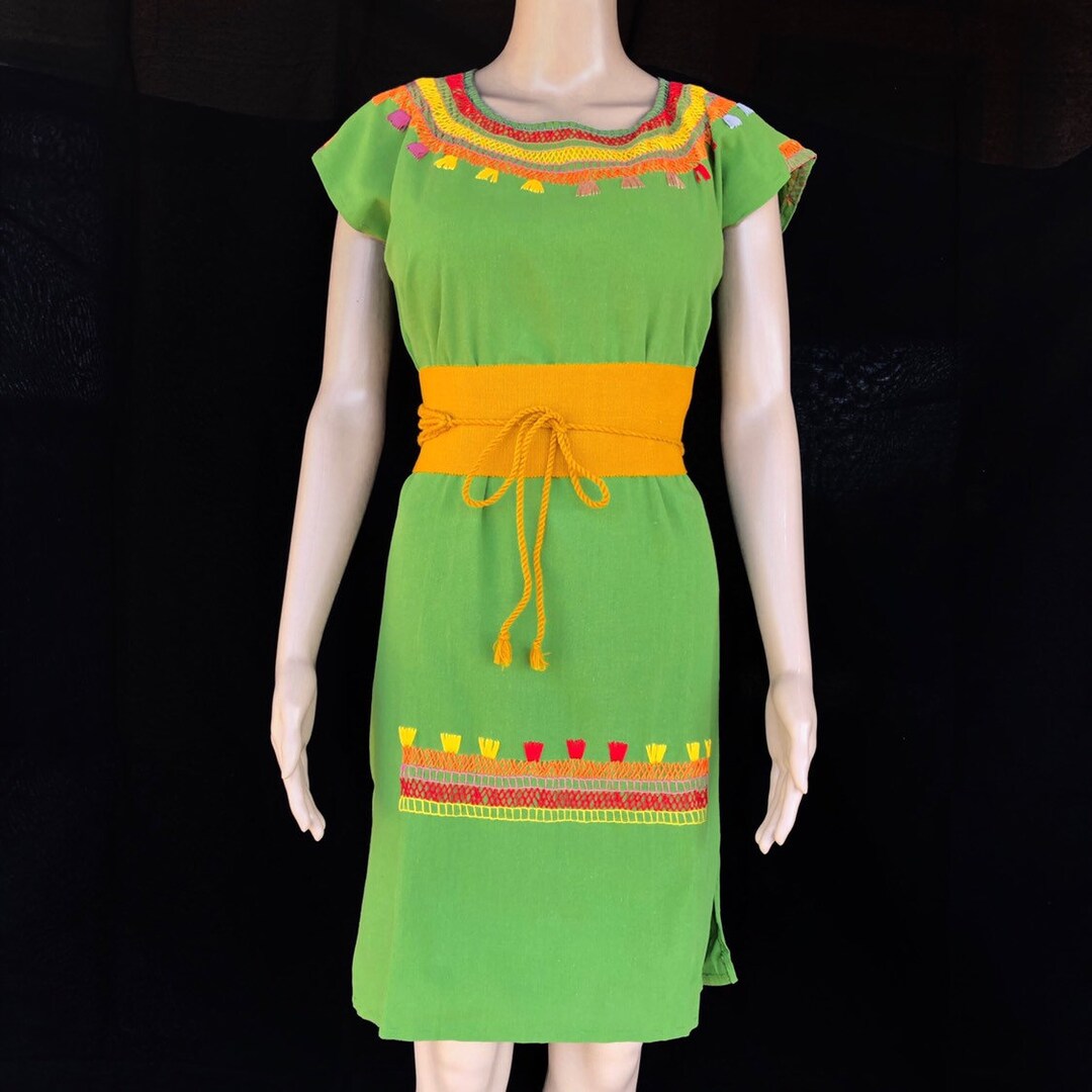Handmade Chiapas Embroidered Mexican Dress, Organic Cotton, Belted - Etsy