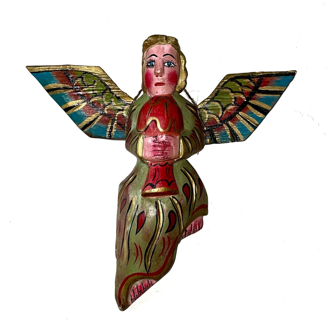 Mexican Wood Angel, Mexican Angel, Painted Wood Angel, Angel Sculpture ...