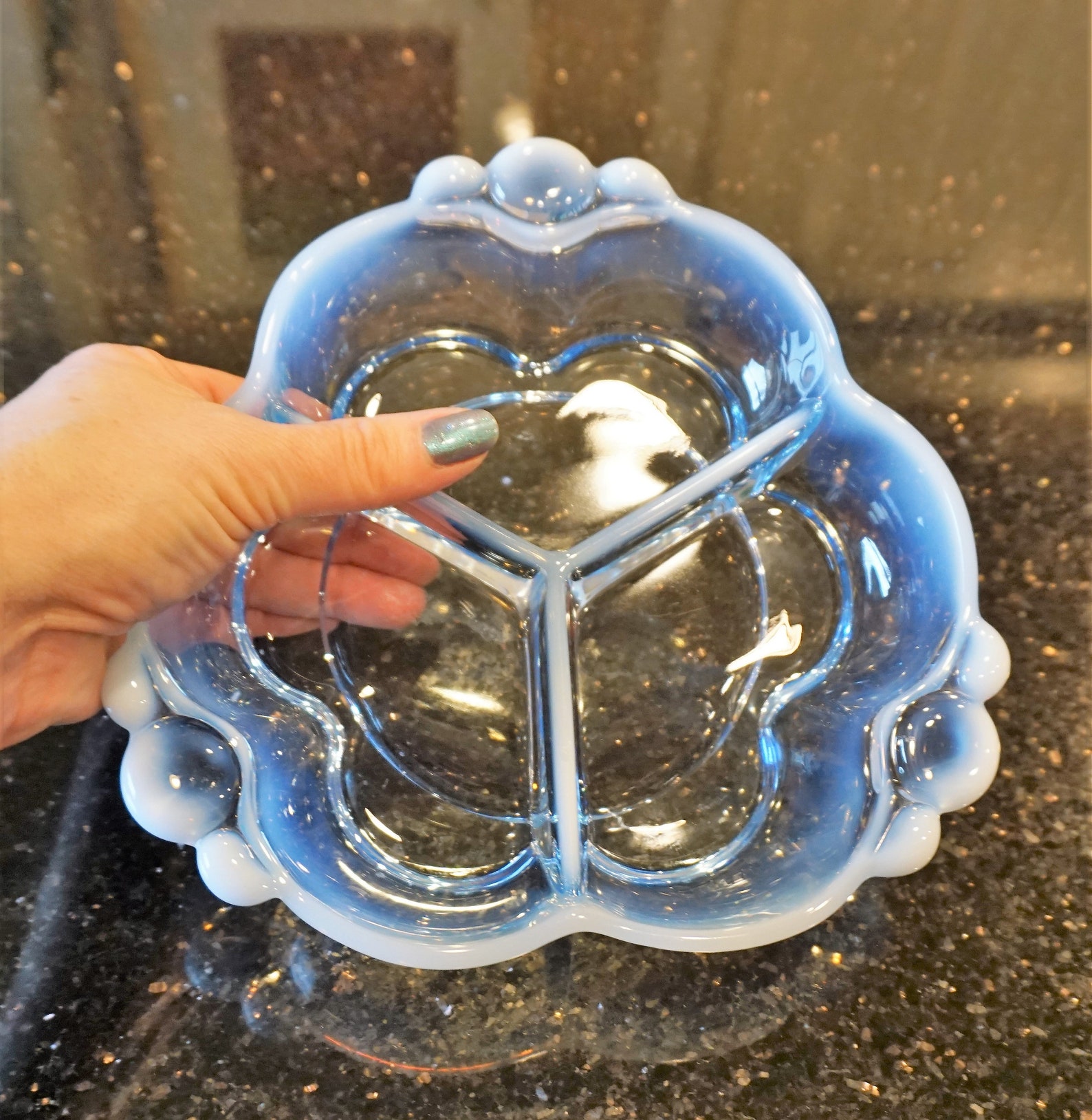 Blue Relish Dish Duncan & Miller Canterbury Blue Opalescent 3 - Etsy