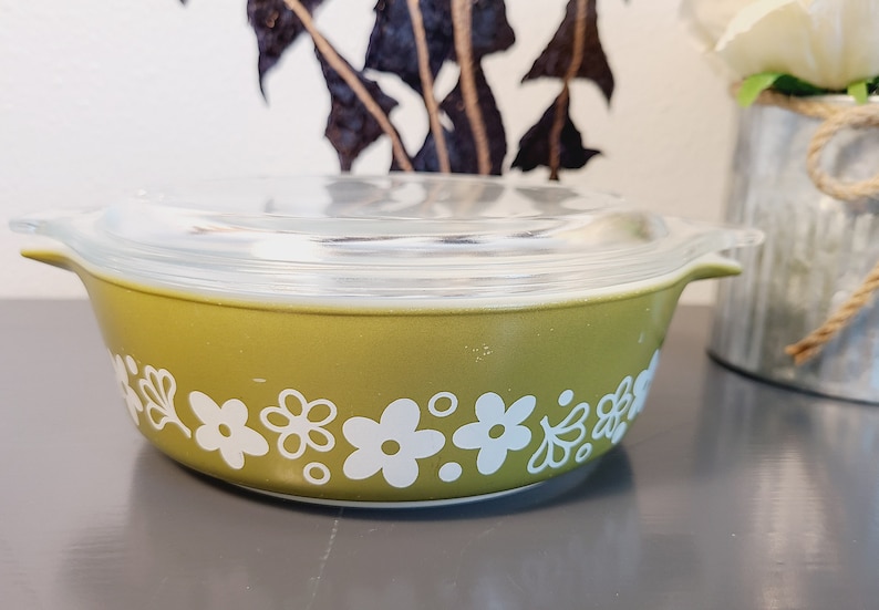 Pyrex Crazy Daisy 1 Pint Round Casserole W/ Lid 471 1970's Avocado ...
