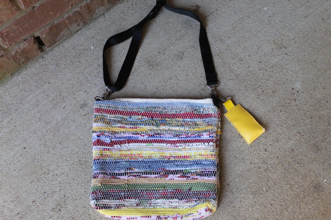 Cotton Rag Rug Bag ,shabby Chic Hit and Miss Bag With Adjustable Strap ...