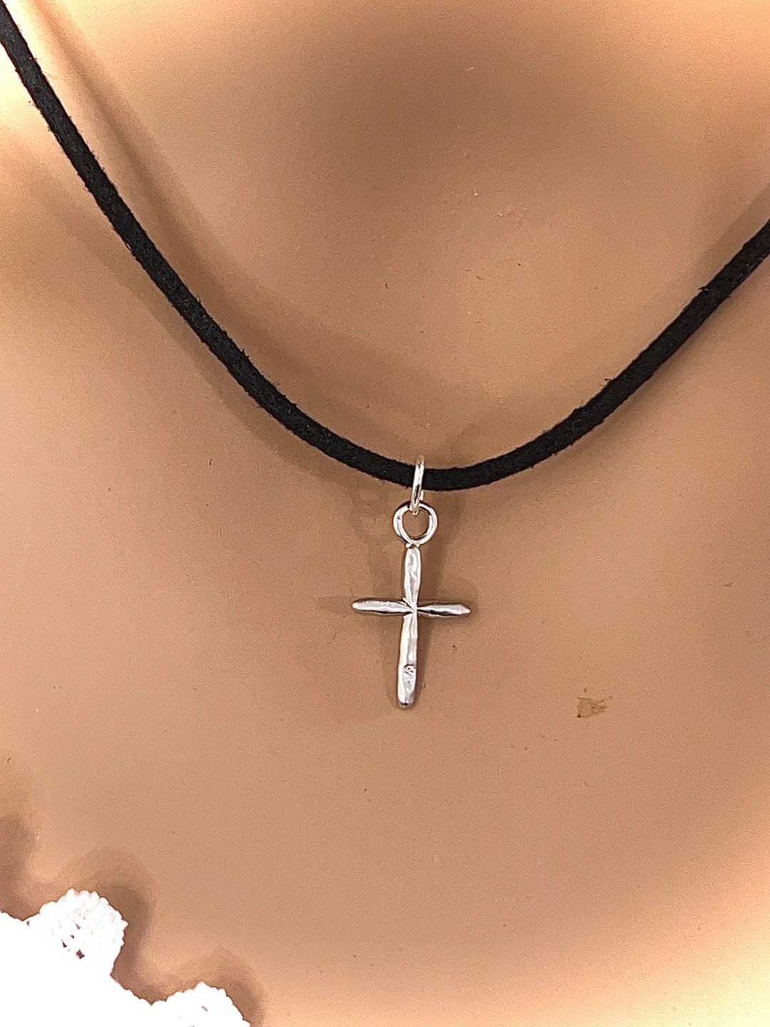 Silver Cross Choker, Black Cord Necklace, Men Cross Necklace, Black ...