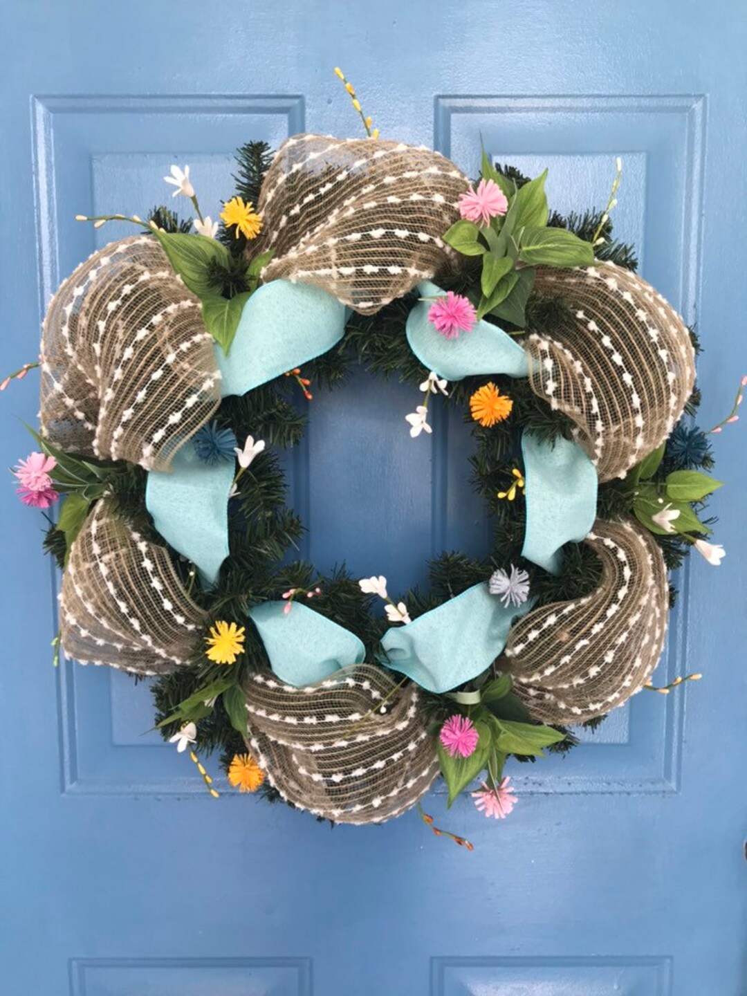 Spring Wreath Spring Pine Wreath 24-inch Spring Wreath Spring Deco Mesh ...