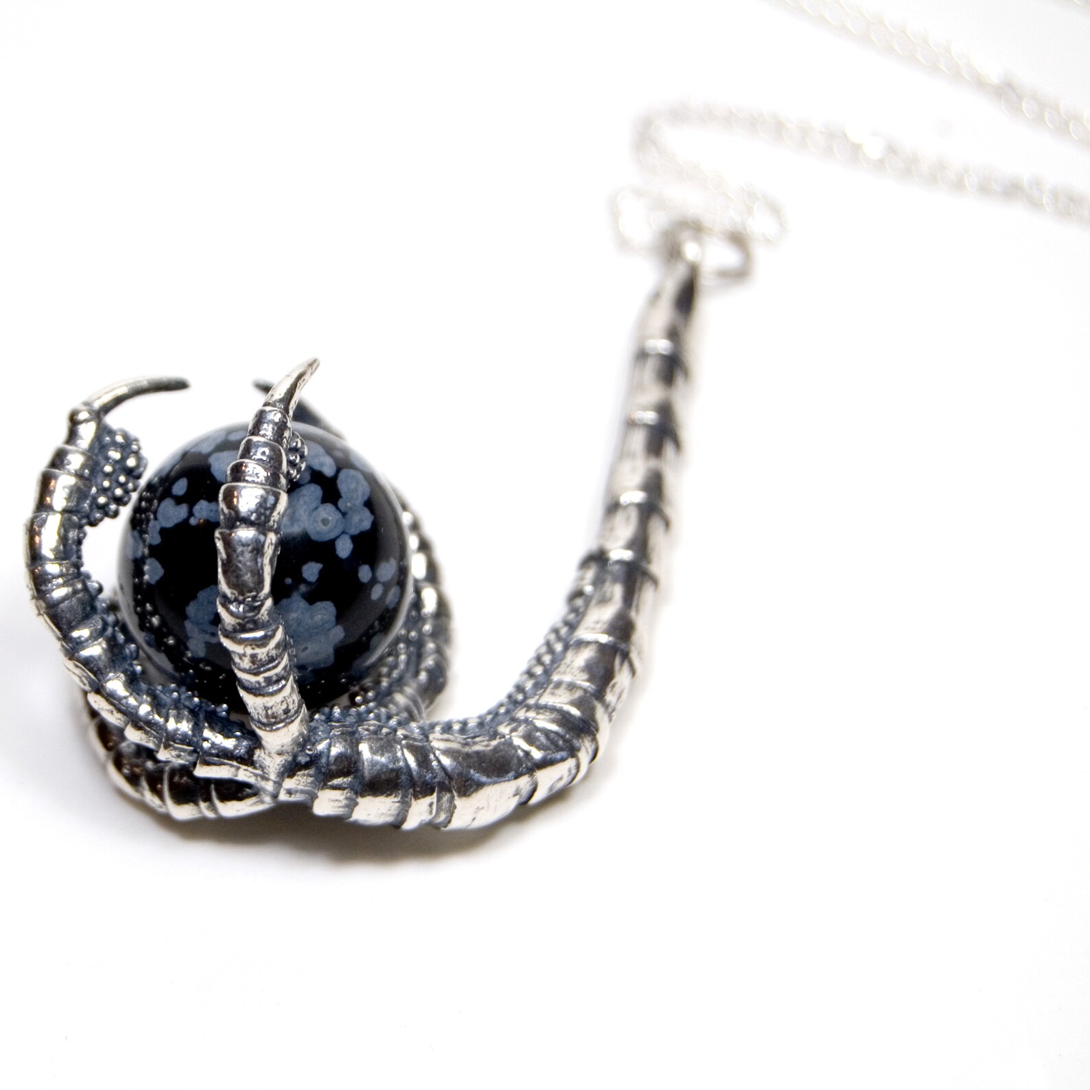 Large Silver Raven Claw Pendant With Snowflake Obsidian Raven - Etsy