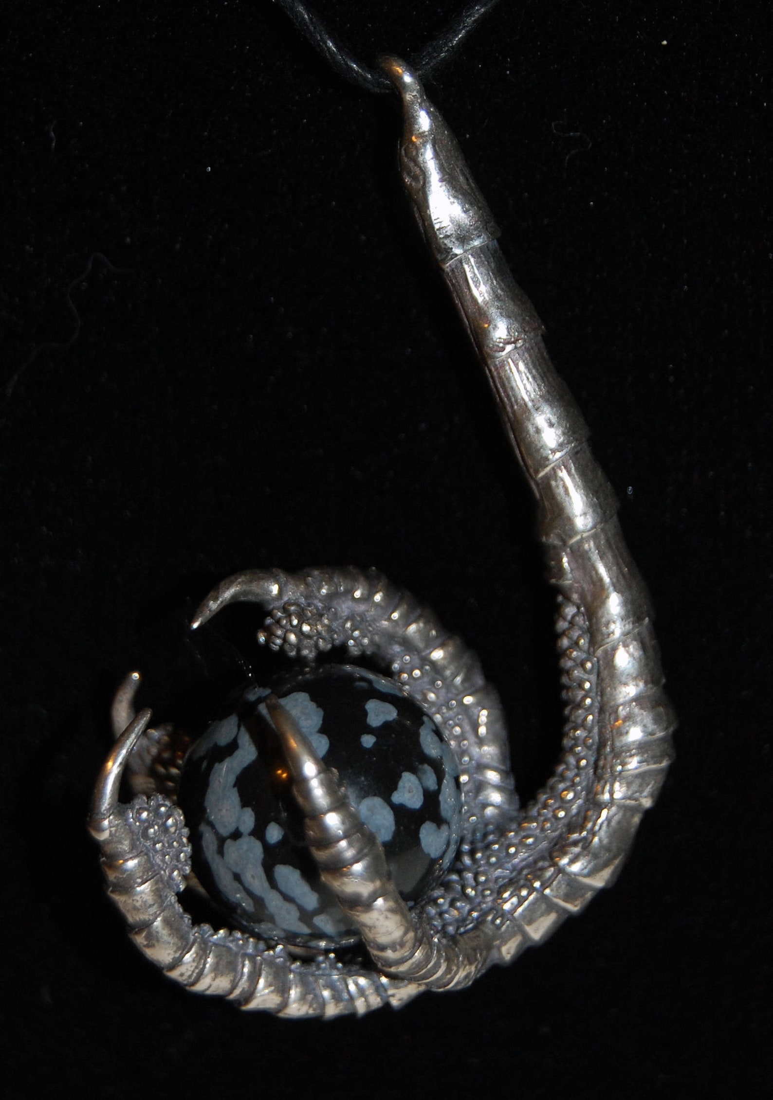 Large Silver Raven Claw Pendant With Snowflake Obsidian, Raven Claw ...
