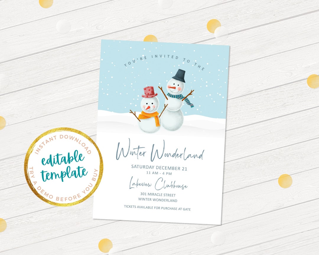 Snowman Building Party Invitation: Winter Wonderland DIY Template ...