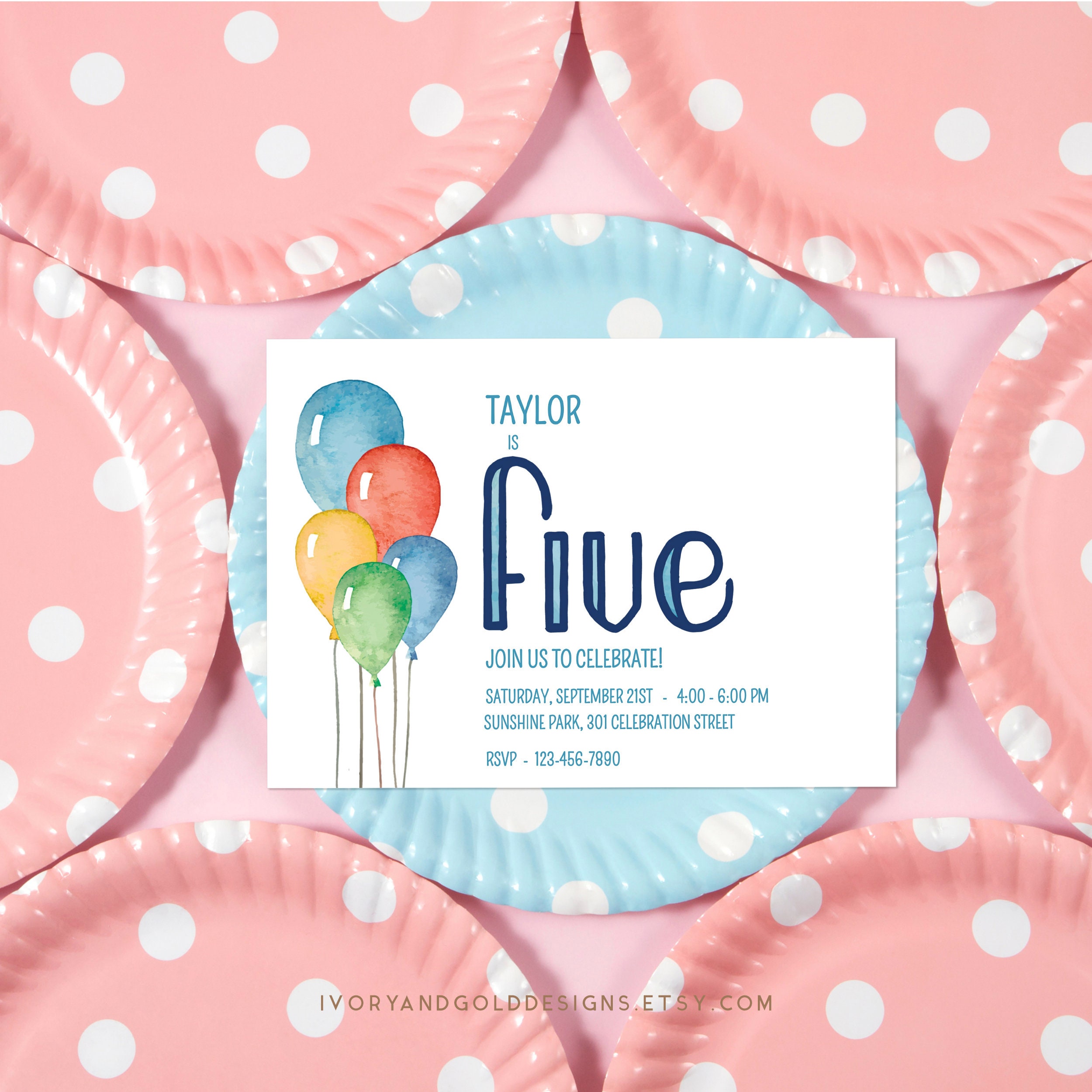 Editable Balloon Invitation 5th Birthday Party Fifth Blue Red Green ...