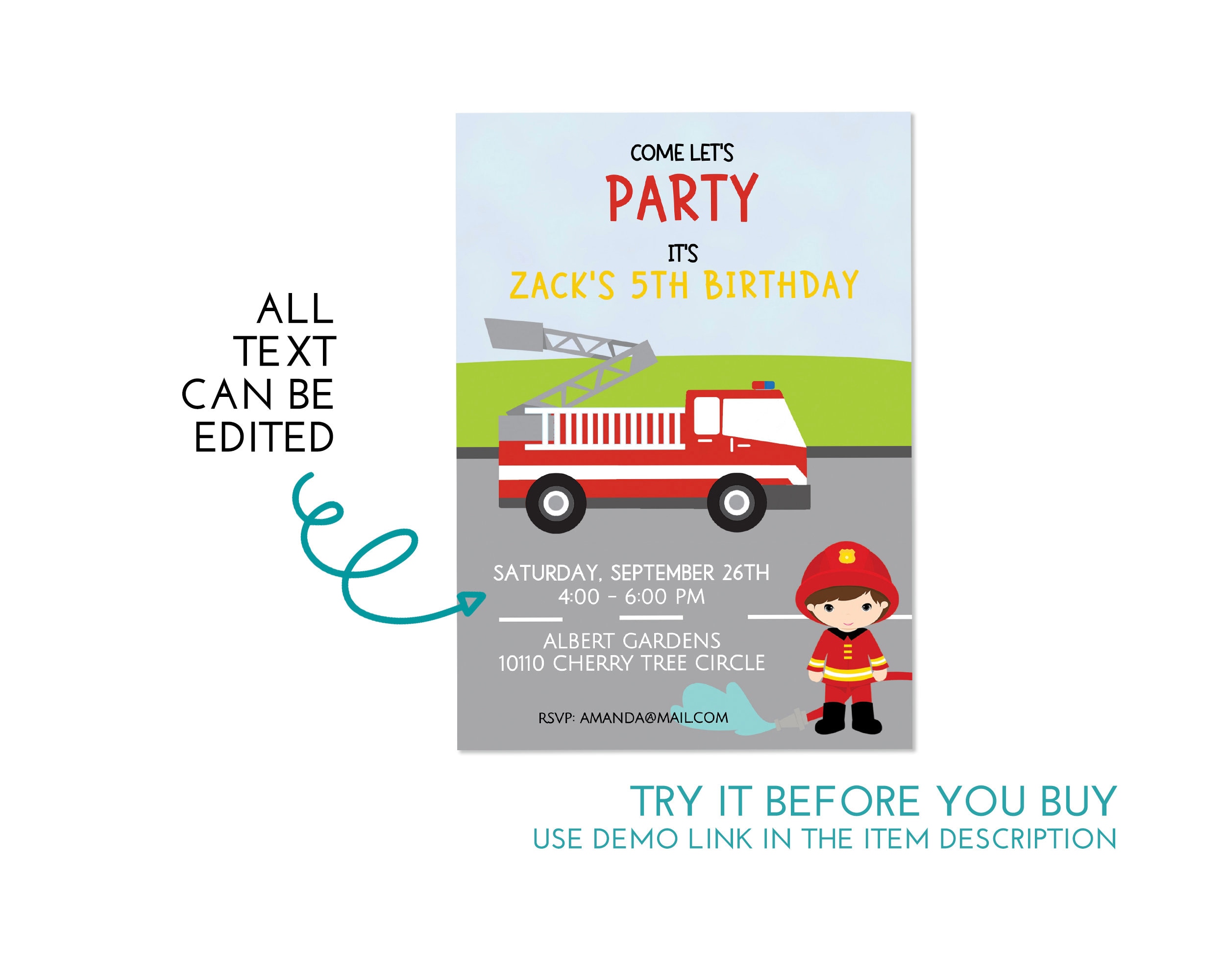 Firefighter Birthday Party Invitation, Fire Engine Party Invite, DIY ...