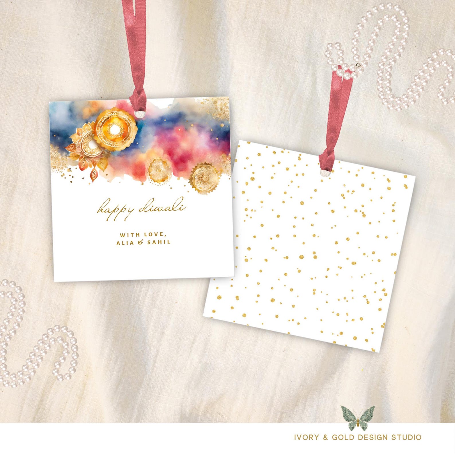 Editable Diwali Gift Tag: Watercolor Rangoli and Diya Deepavali Favor ...