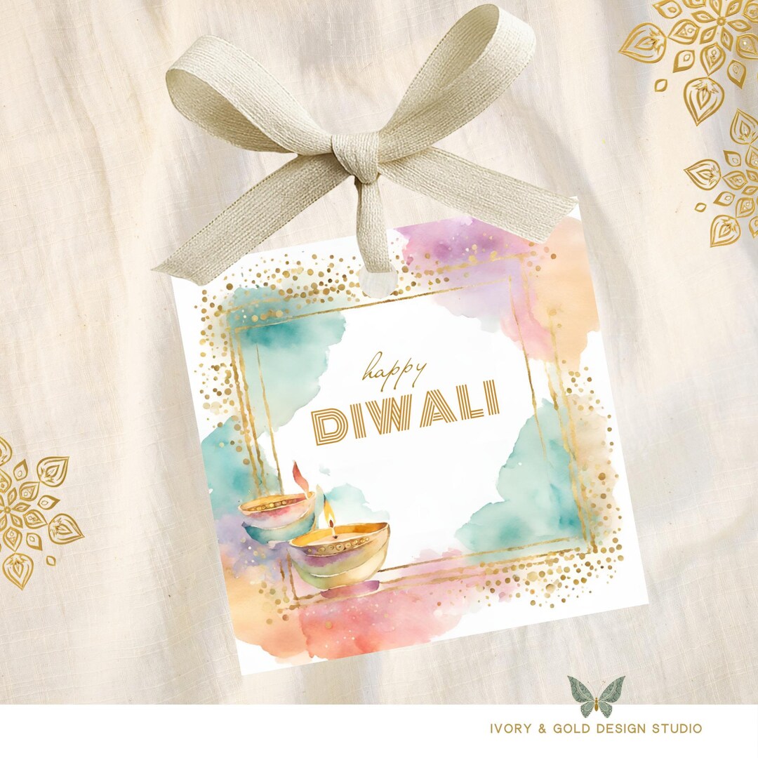 Printable Diwali Gift Tag: Pastel Watercolor Diya Card - Instant ...
