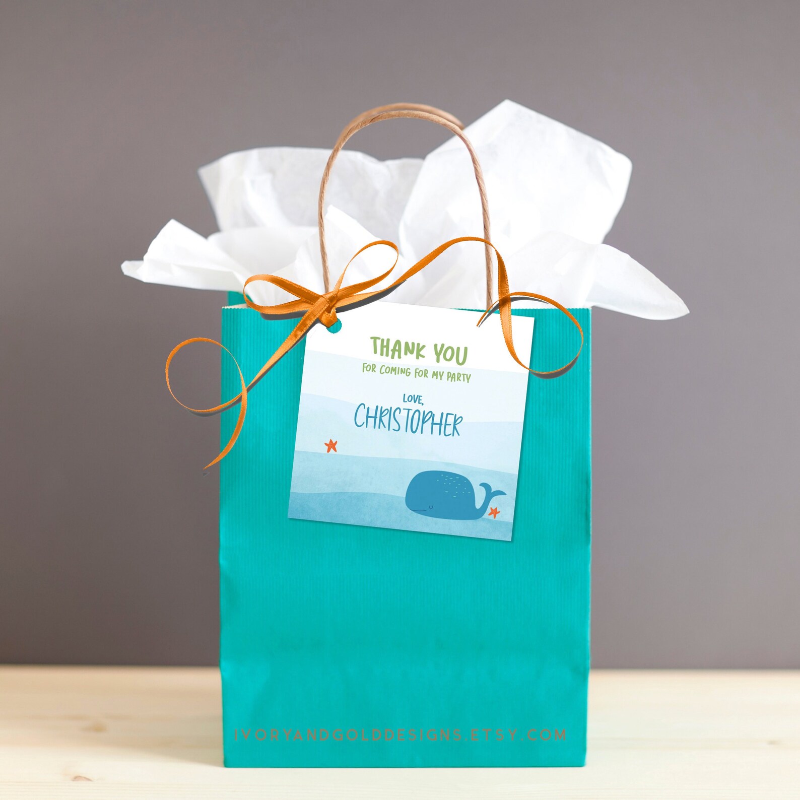 Editable Blue Whale Thank You Gift Tag Favor Bag Tag Underwater Sea ...