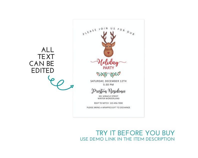 Reindeer Holiday Party Invitation, Reindeer Christmas Invite, Rudolf ...