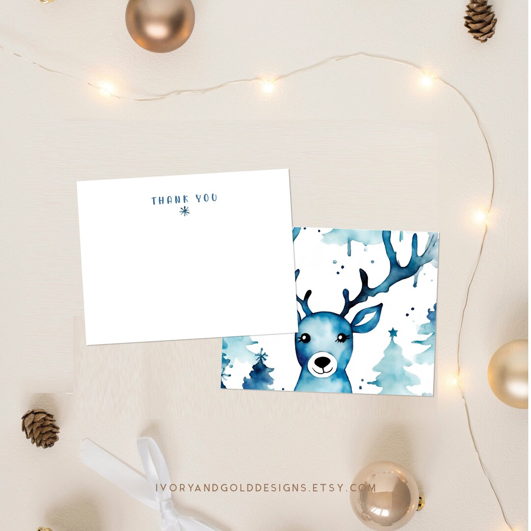 Reindeer Thank You Notecard: Blue Christmas Stationery watercolor ...