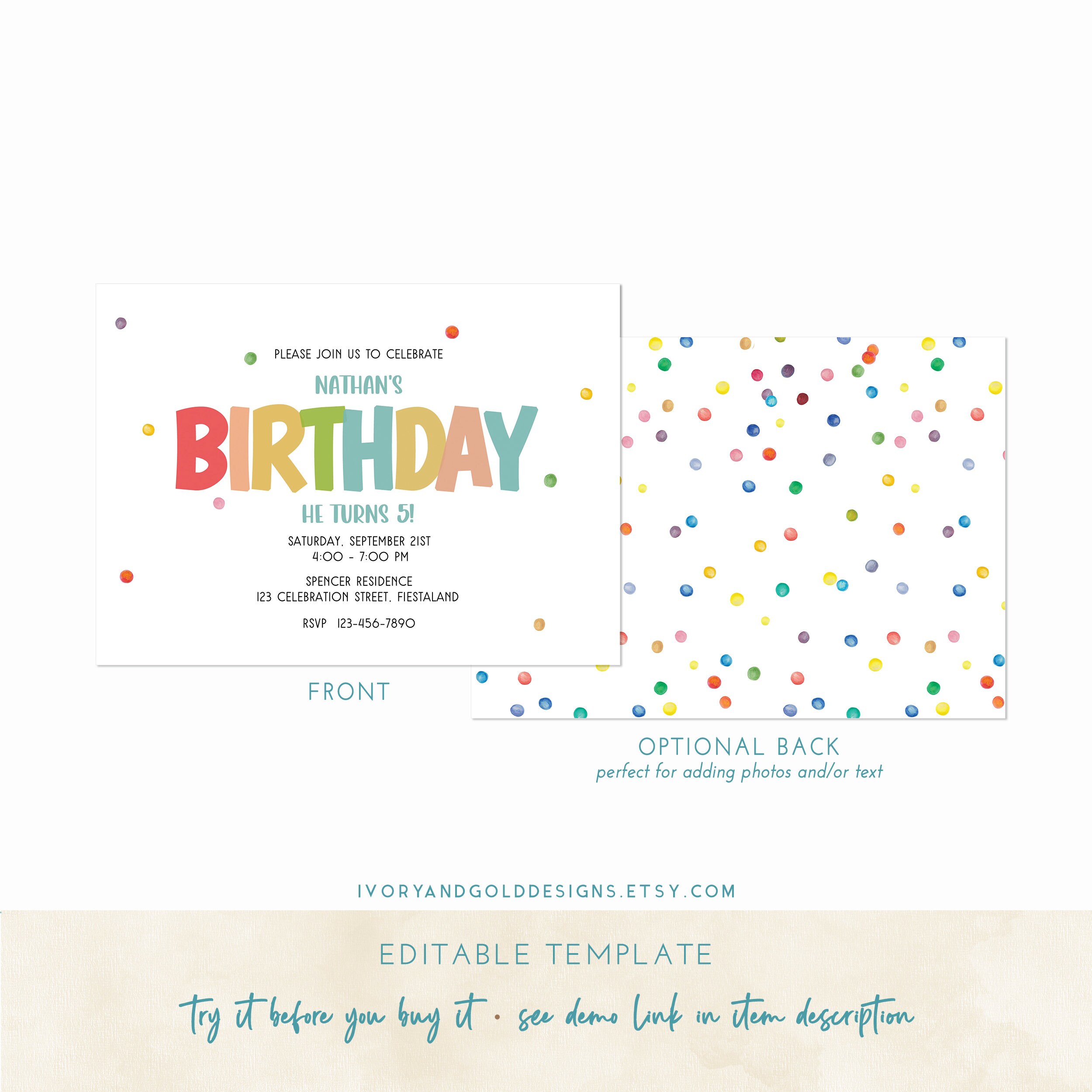 Editable Confetti Birthday Invitation, Colorful Boys Girls Birthday ...