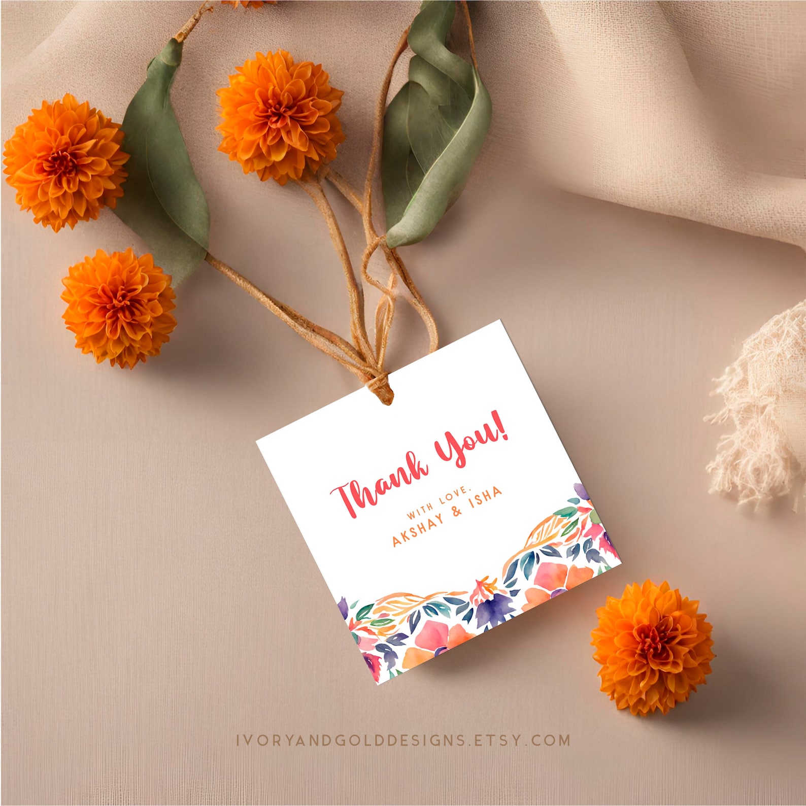 Indian Wedding Favor Tag: Floral Thank You Card (printable Editable ...