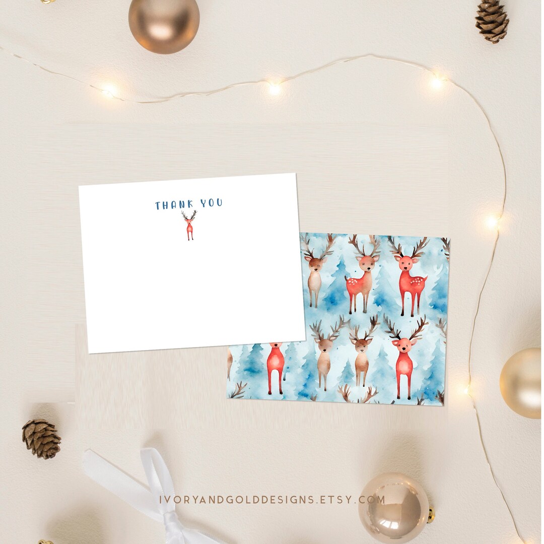 Reindeer Thank You Note: Blue Christmas Notecard watercolor Rudolf ...