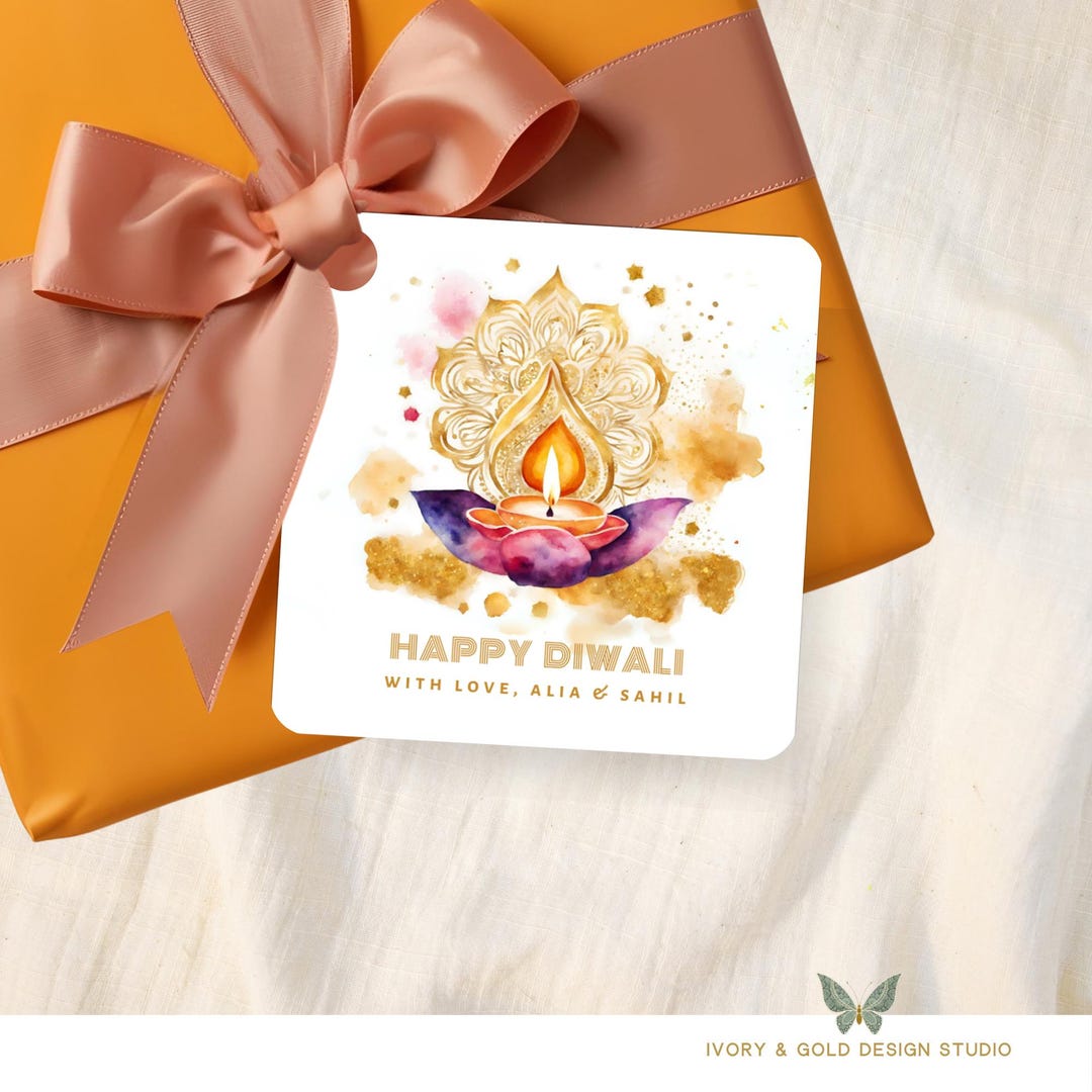 Diwali Gift Tag: Editable Festive Watercolor Diya Party Favor - Canva ...