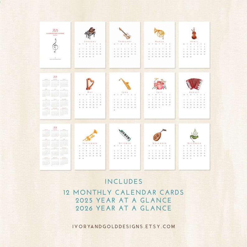 2026 Music Desk Calendar With Wood Stand: Watercolor Musical ...
