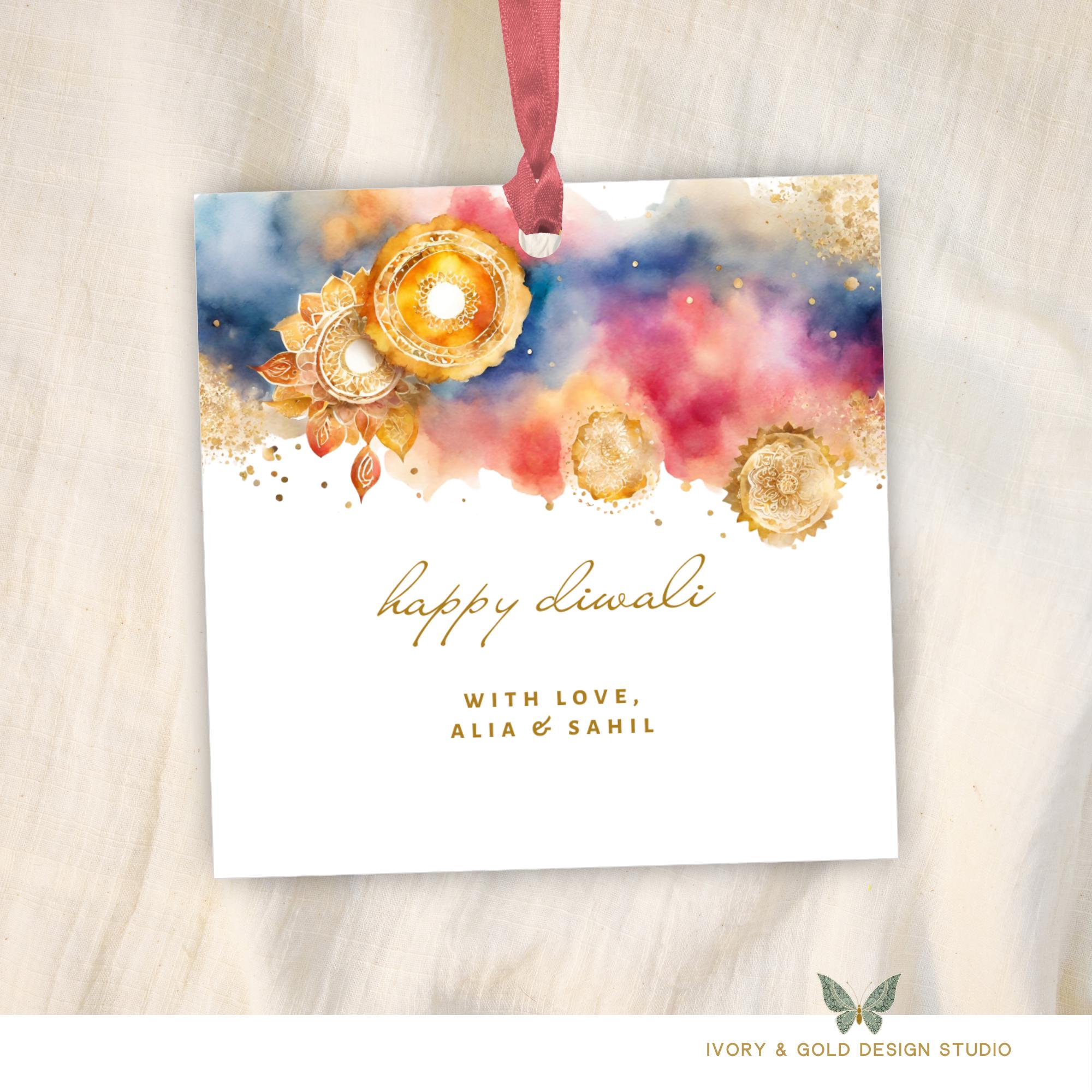 Editable Diwali Gift Tag: Watercolor Rangoli and Diya Deepavali Favor ...