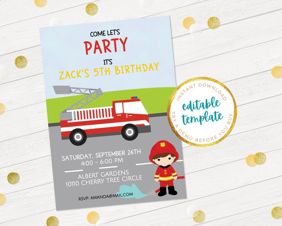 Firefighter Birthday Party Invitation, Fire Engine Party Invite, DIY ...