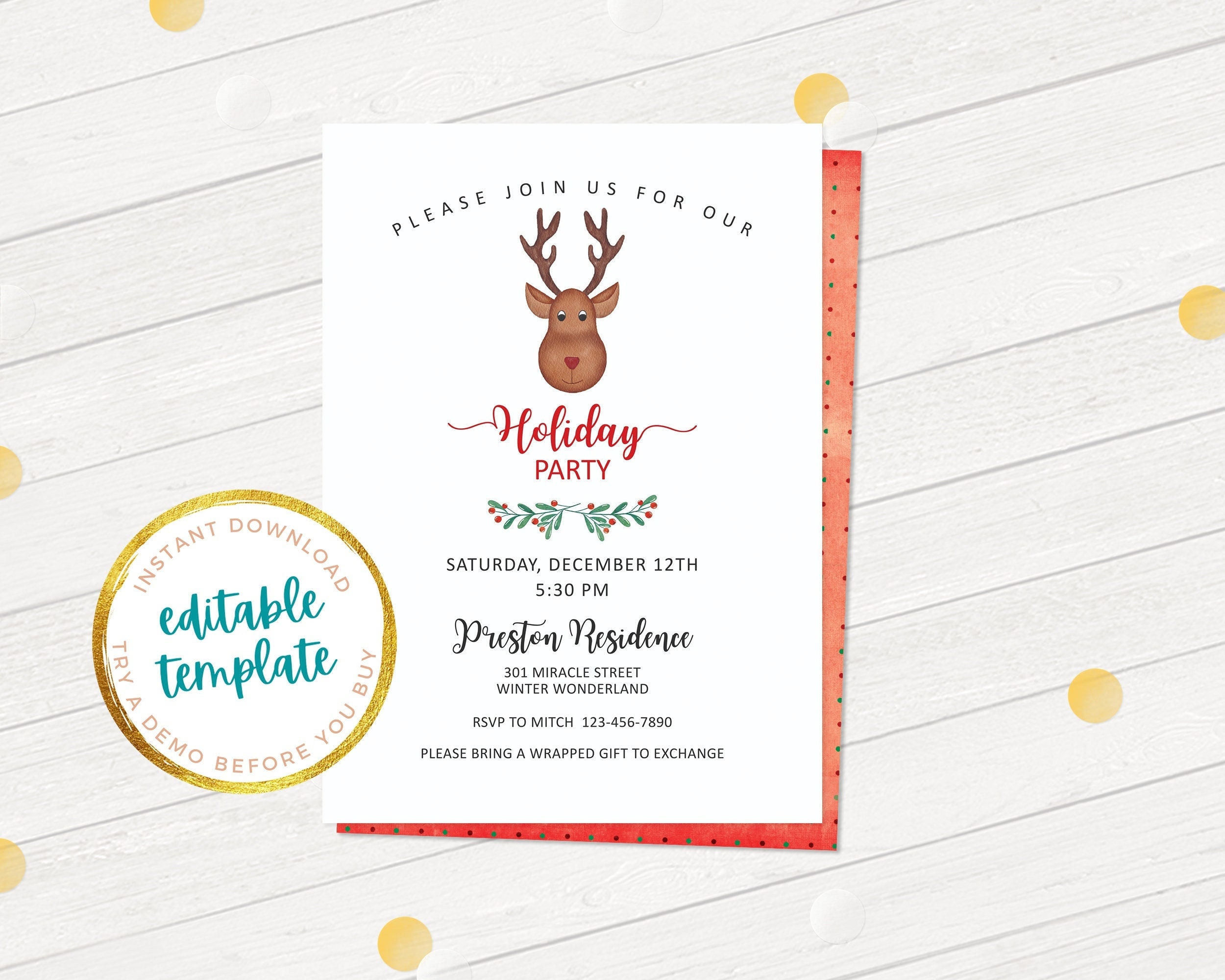 Reindeer Holiday Party Invitation: Minimalist Christmas Invite (digital ...