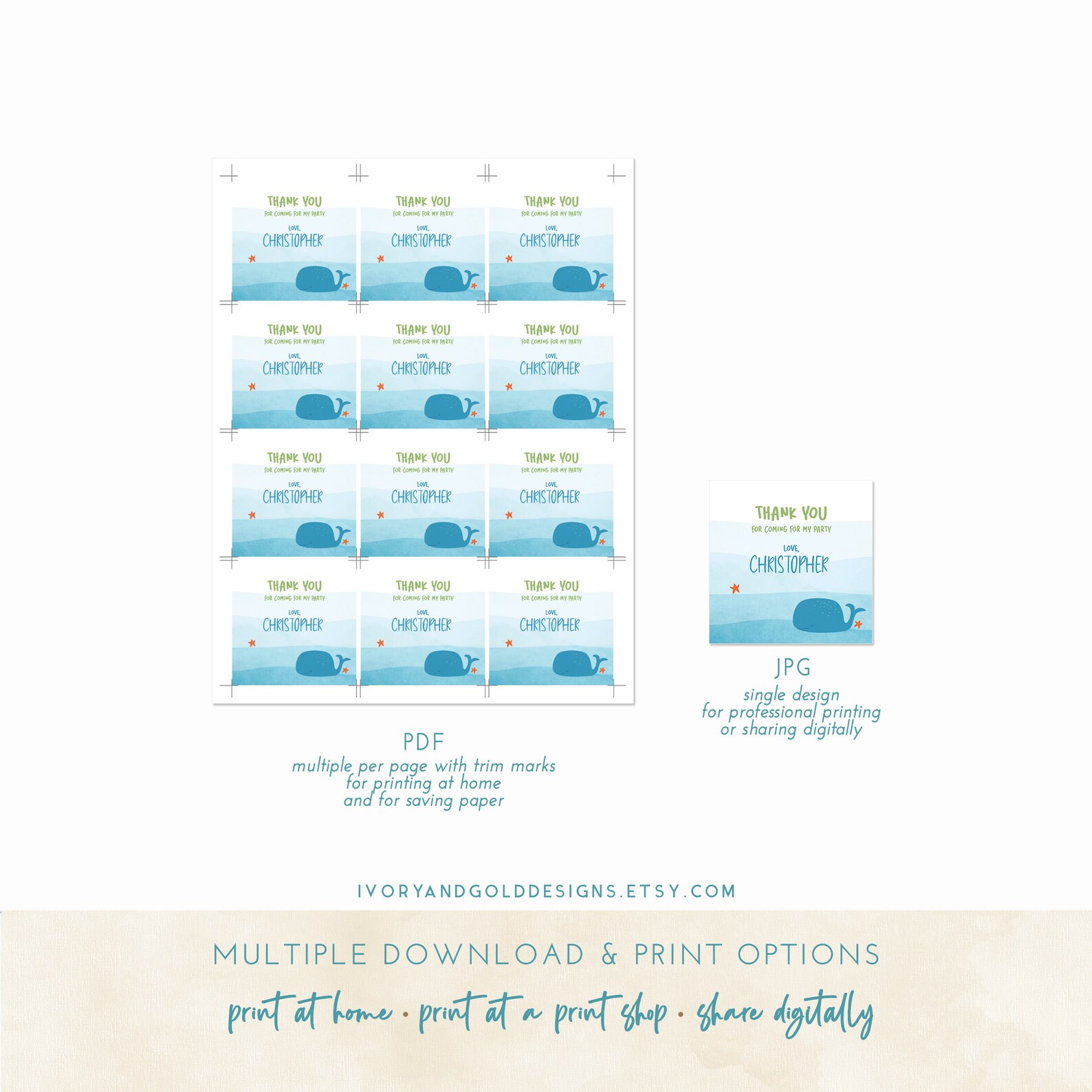 Editable Blue Whale Thank You Gift Tag Favor Bag Tag Underwater Sea ...