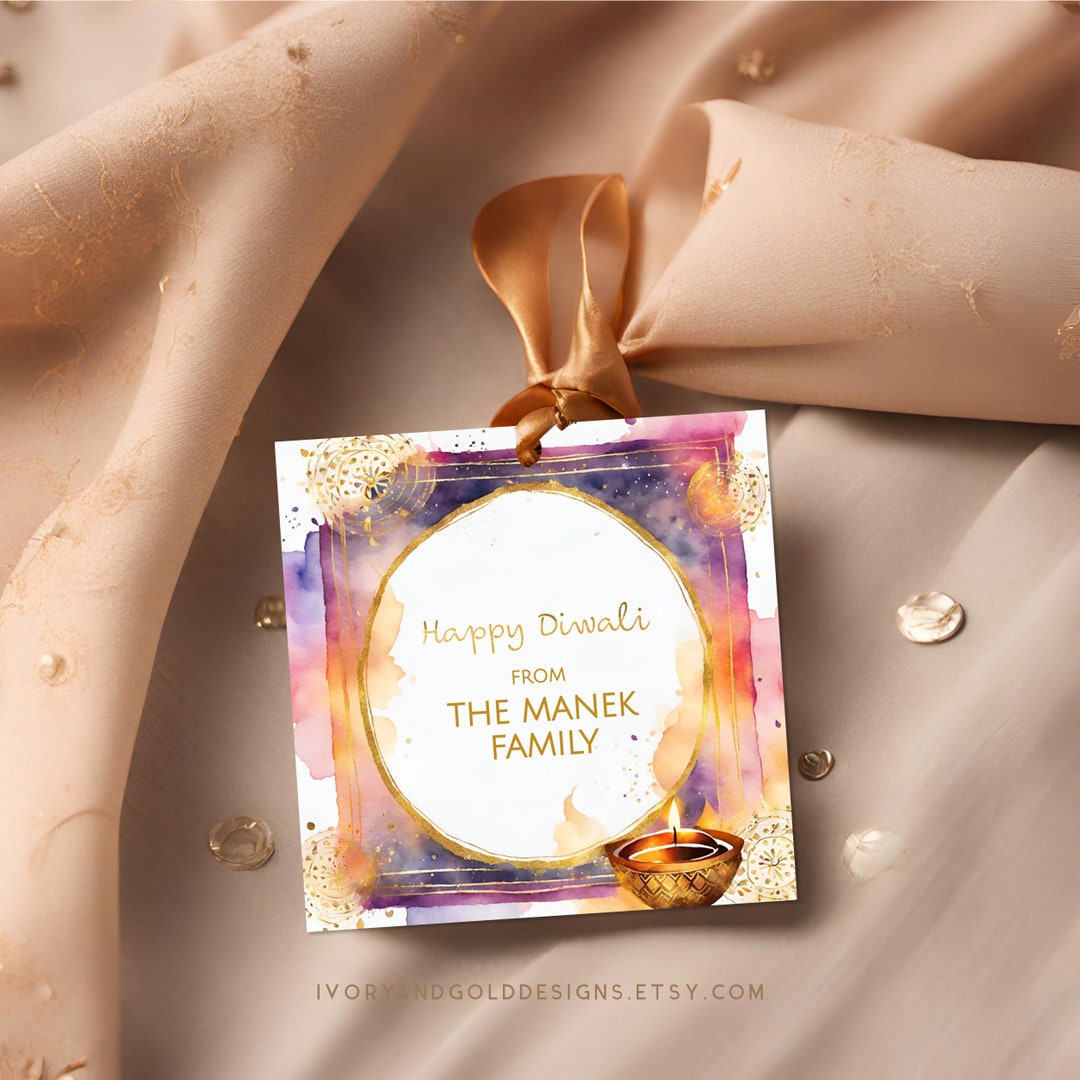 Happy Diwali Gift Tag Watercolor Gold Diya Rangoli Return Gift Card ...