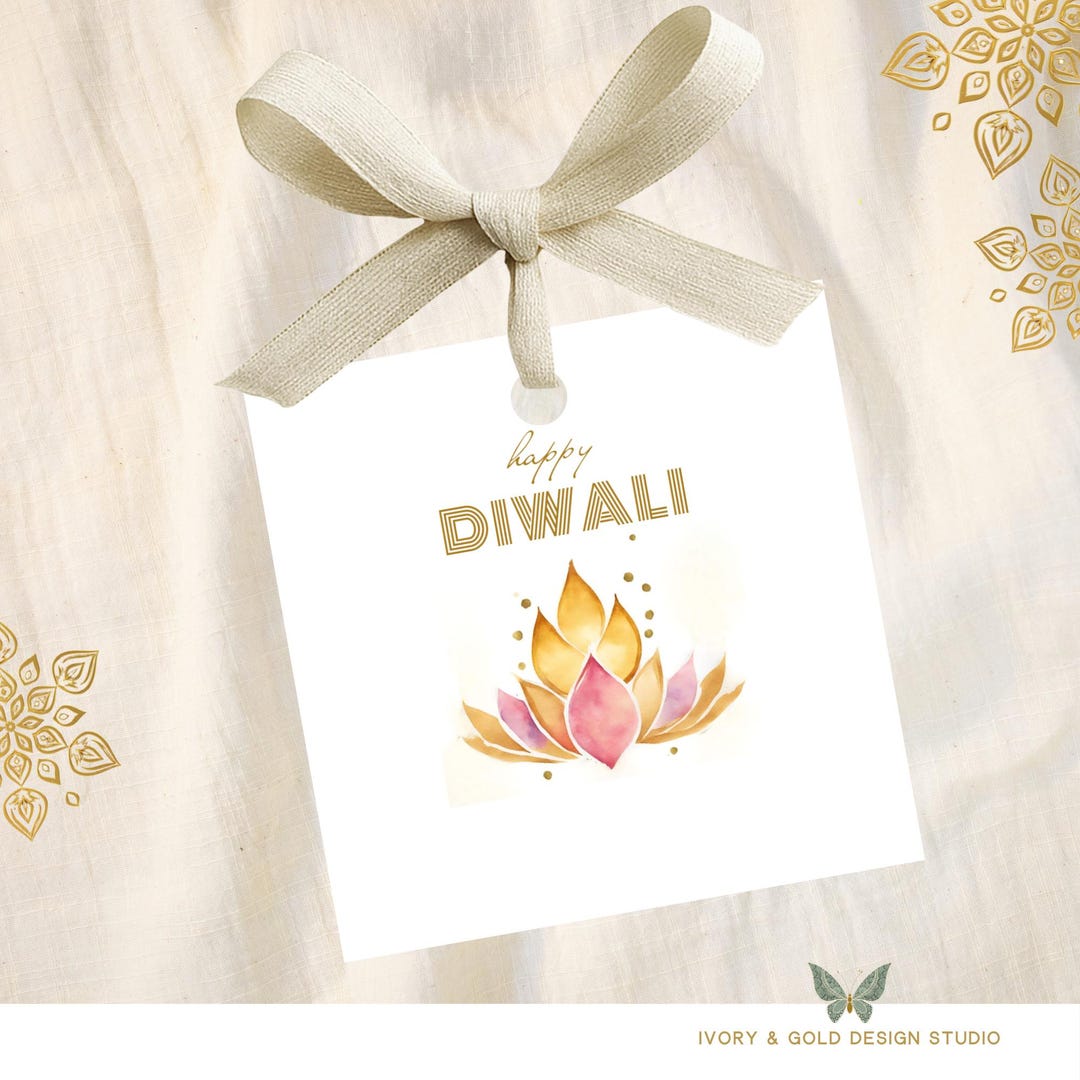 Printable Diwali Gift Tag: Watercolor Lotus Return Gift Card - Instant ...