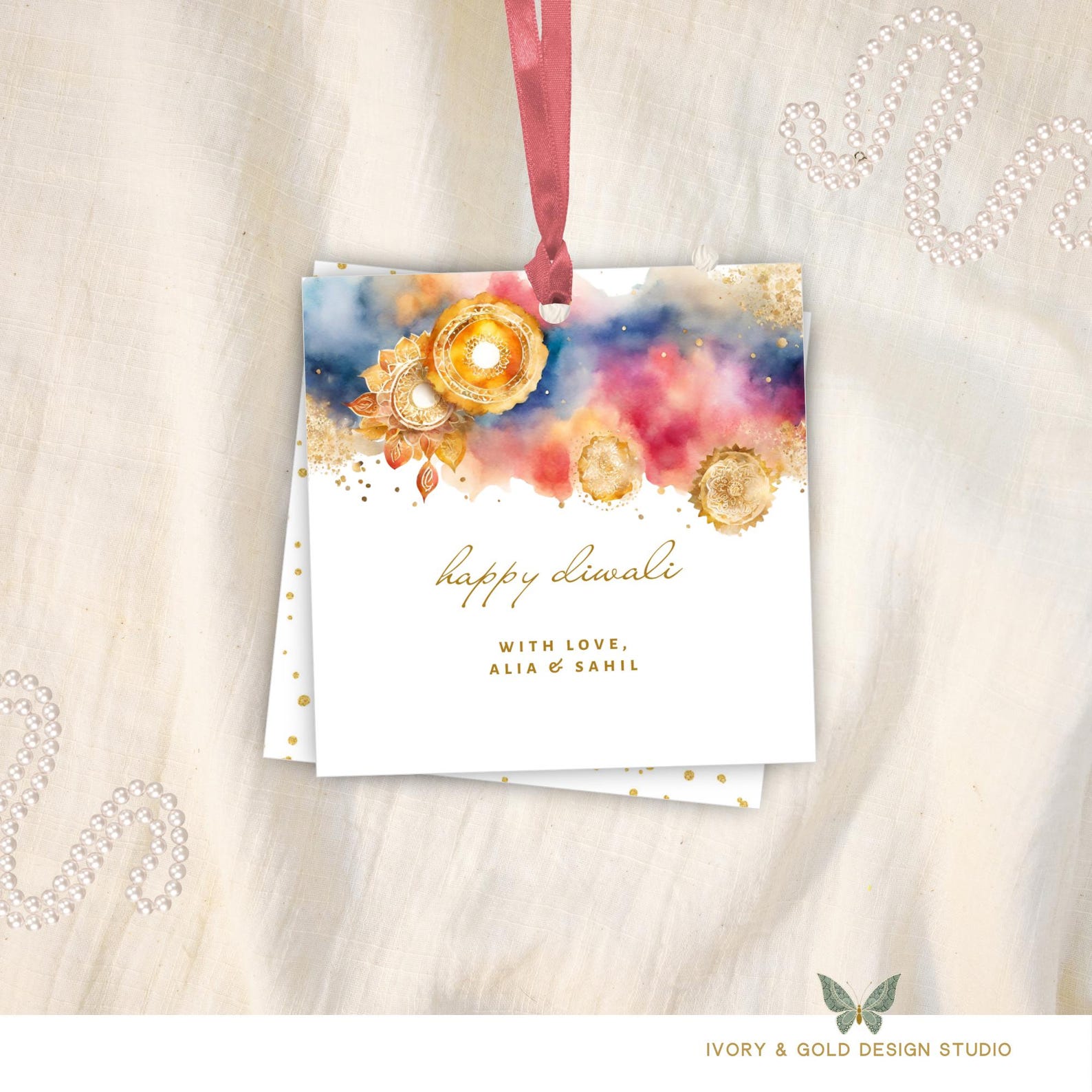 Editable Diwali Gift Tag: Watercolor Rangoli and Diya Deepavali Favor ...