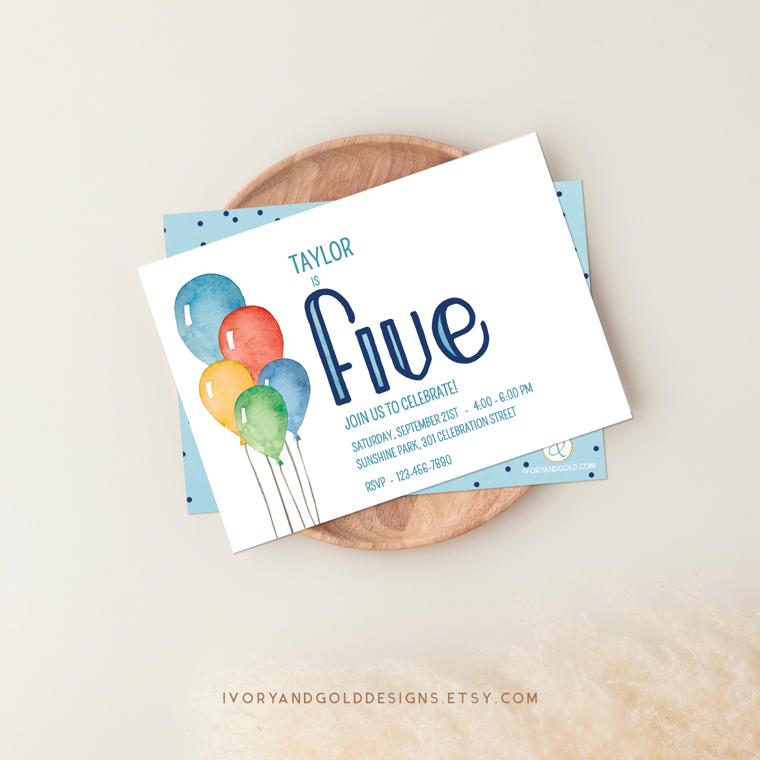 Editable Balloon Invitation 5th Birthday Party Fifth Blue Red Green ...
