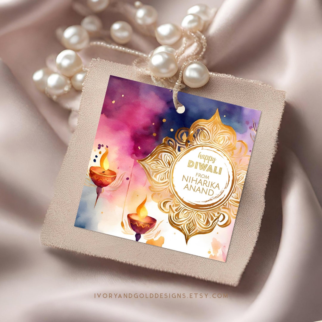 Diwali Gift Tag Watercolor Gold Rangoli Diya Colorful Indian Desi Hindu ...